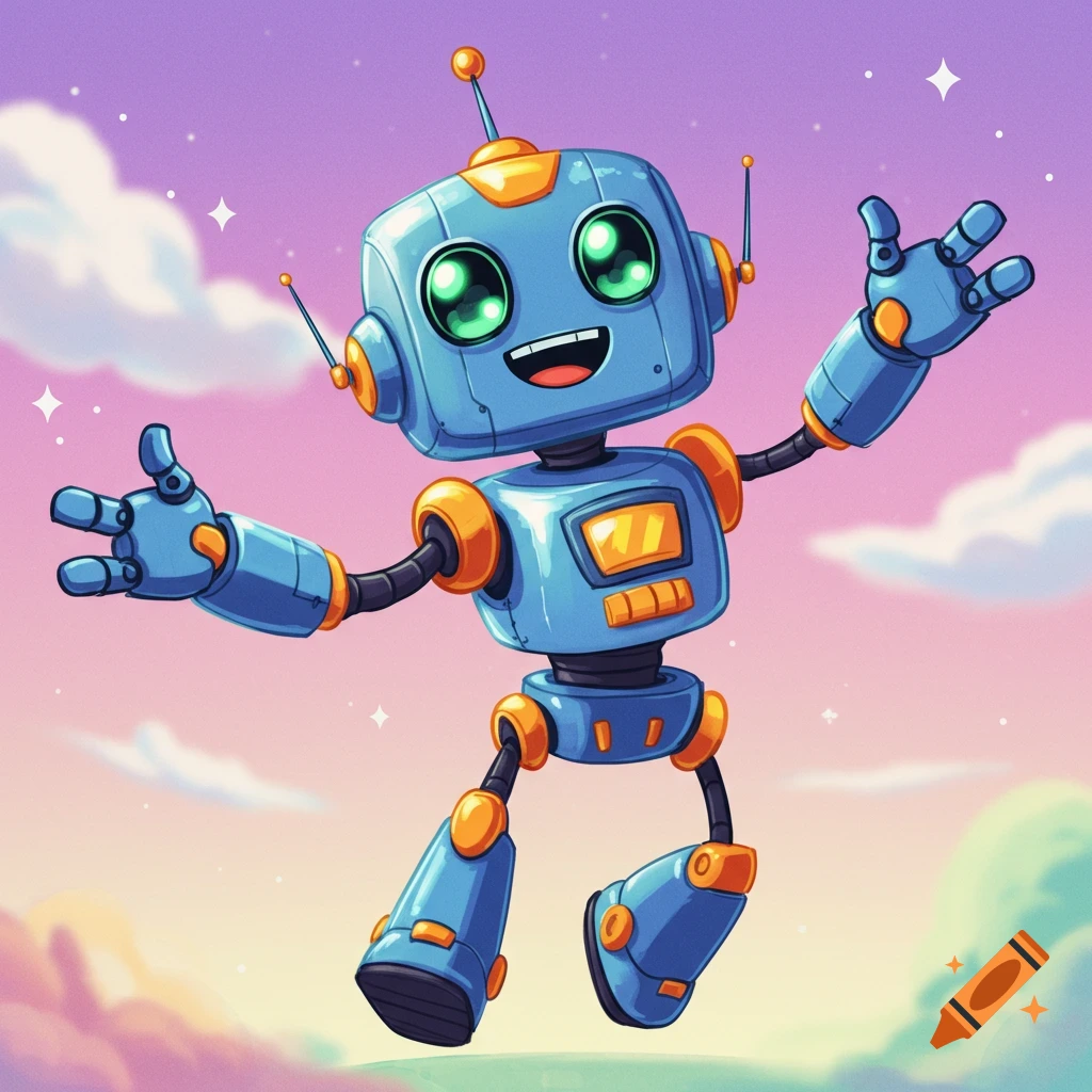 A friendly blue cartoon robot with arms outstretched floats in a pink ...