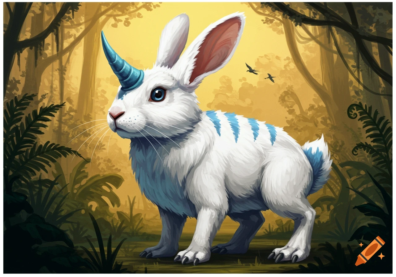 A white rabbit with blue stripes and a horn stands in a forest. on Craiyon