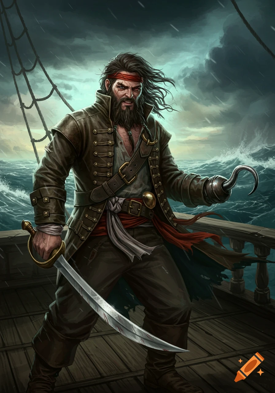 Digital illustration of a fierce pirate with a hook and sword on a ship ...