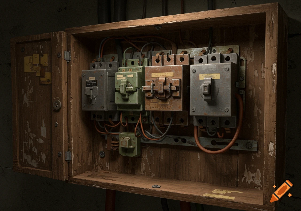 A detailed view of an old wooden fusebox filled with wires and switches ...