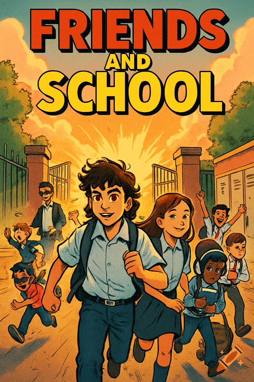 Comic cover showing diverse kids running from school gate. Title ...