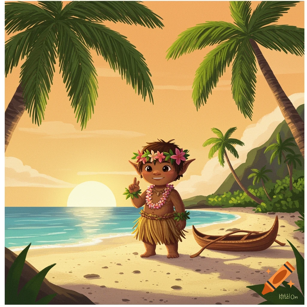 Cartoon menehune standing on a tropical beach at sunset with palm trees ...