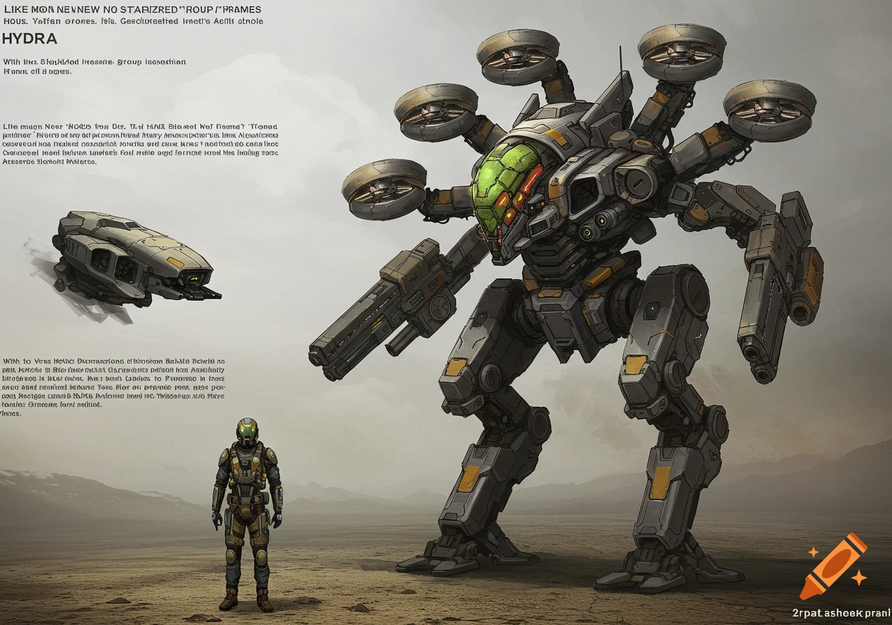 Large sci-fi mech stands next to a human in a desolate landscape. on ...