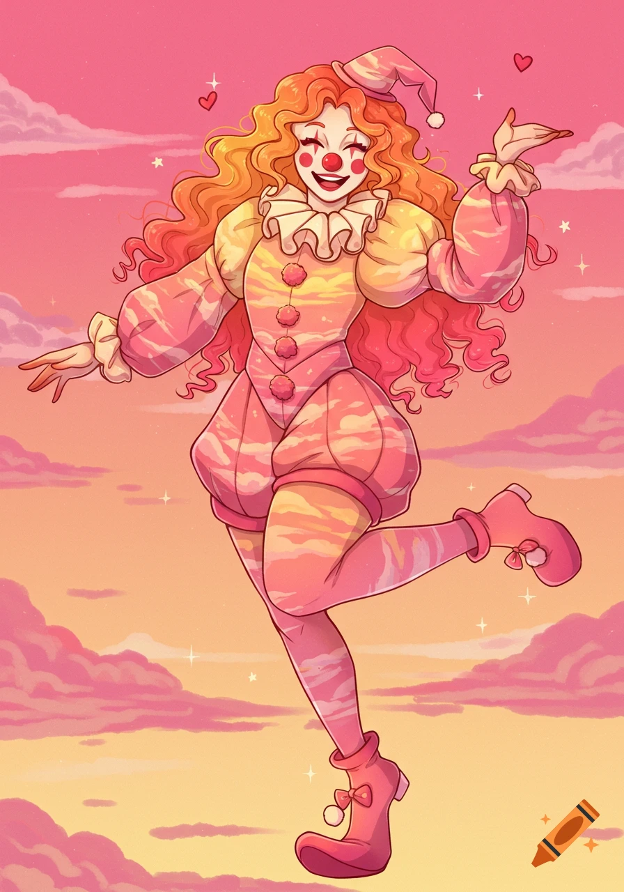 An illustration of a female clown character in a whimsical pose against ...