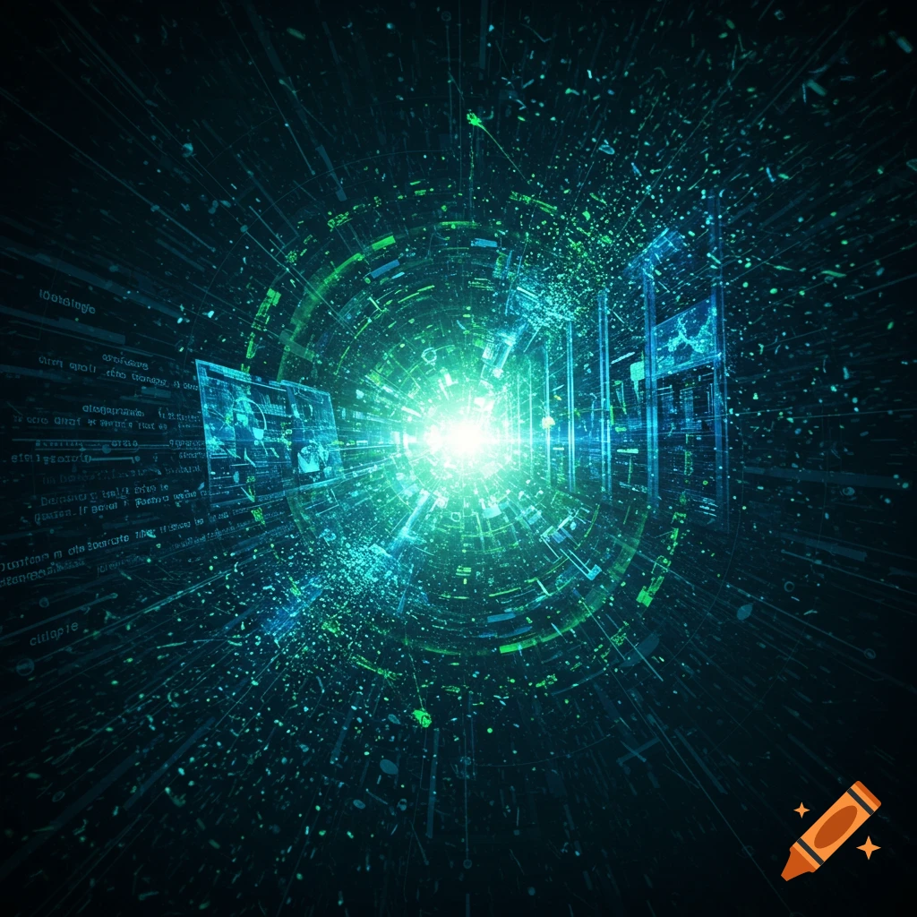 Abstract digital explosion with glowing green core and radiating lines ...