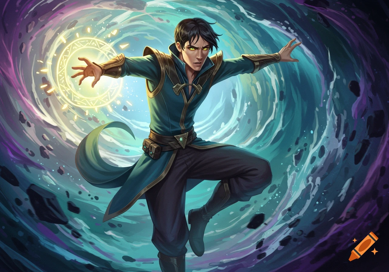 Man casting spell in swirling magical energy with floating rocks ...