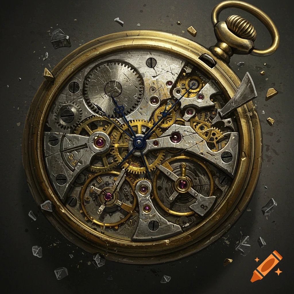 Detailed illustration of a broken pocket watch's internal mechanism on ...