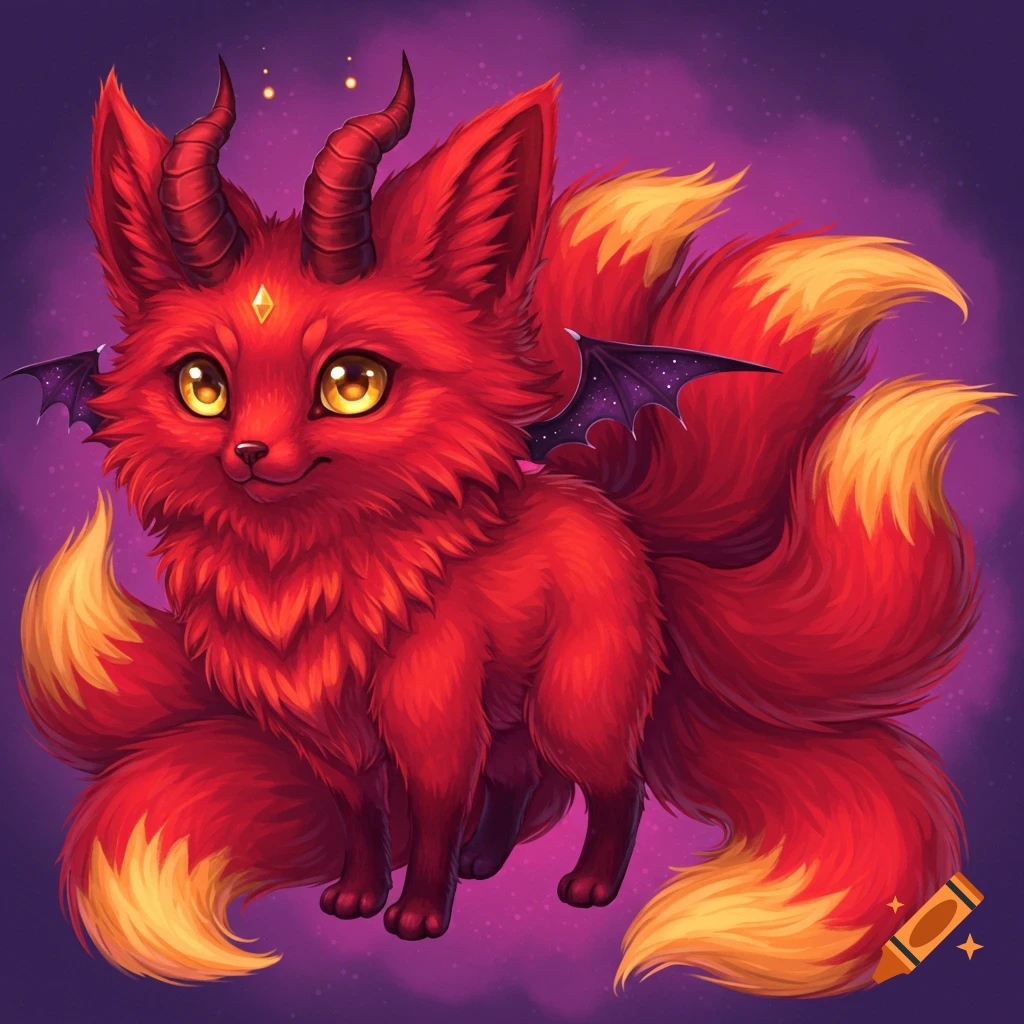 Cute red fantasy fox-like creature with horns, wings, and multiple ...