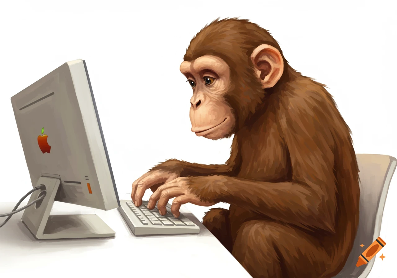 Illustration of a monkey typing on an Apple computer. on Craiyon