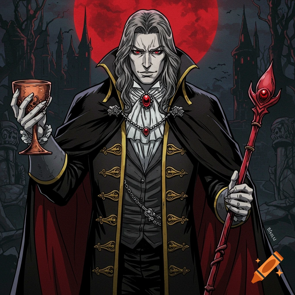 Anime drawing of a vampire character like Dracula holding a chalice and ...