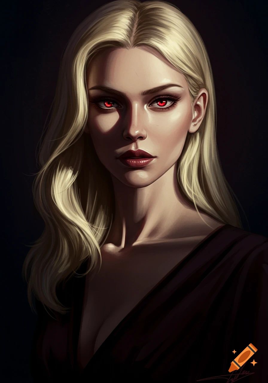 Portrait of a blonde woman with red eyes and dark clothing in dramatic ...