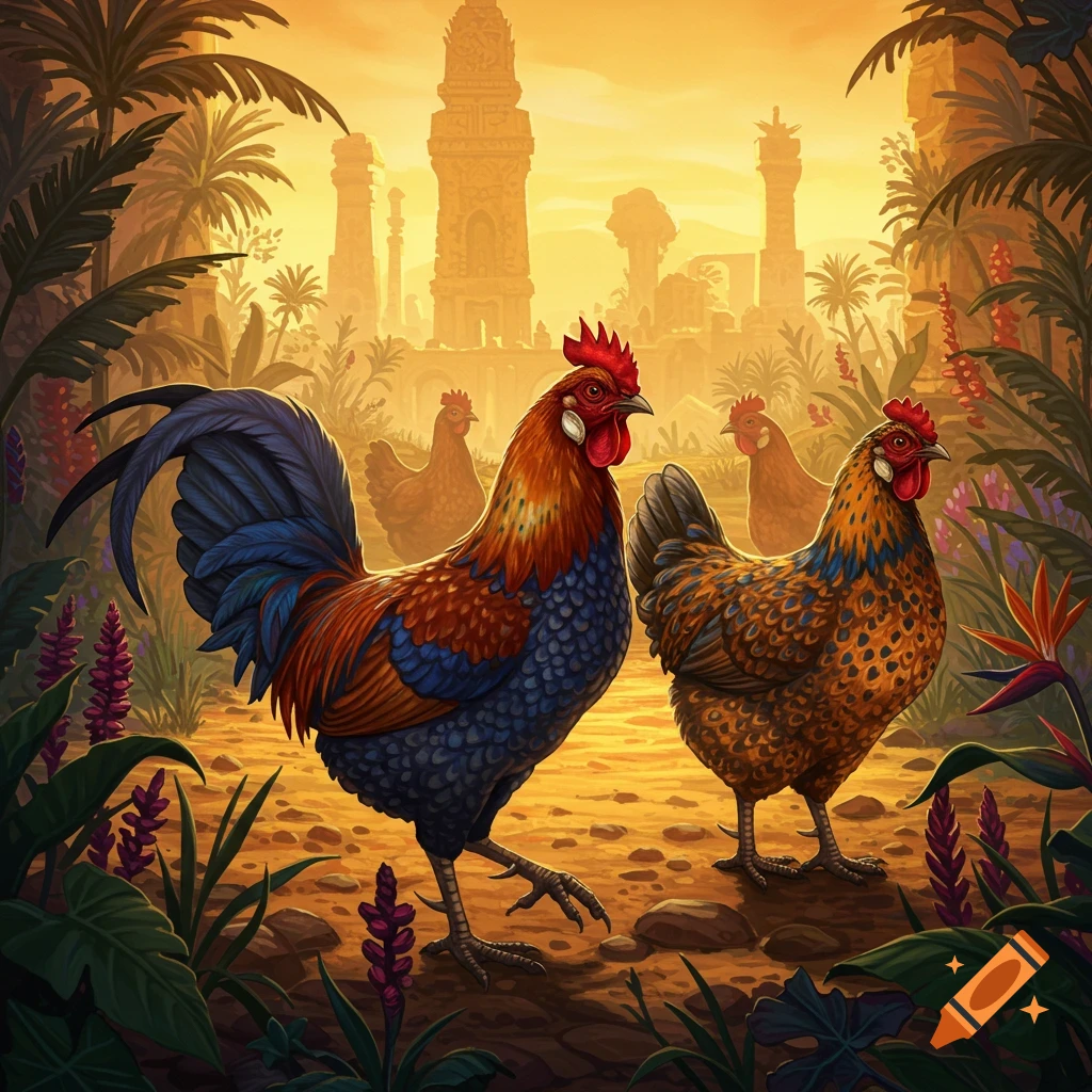 Rooster and hen stand in a jungle clearing with ancient ruins in the ...