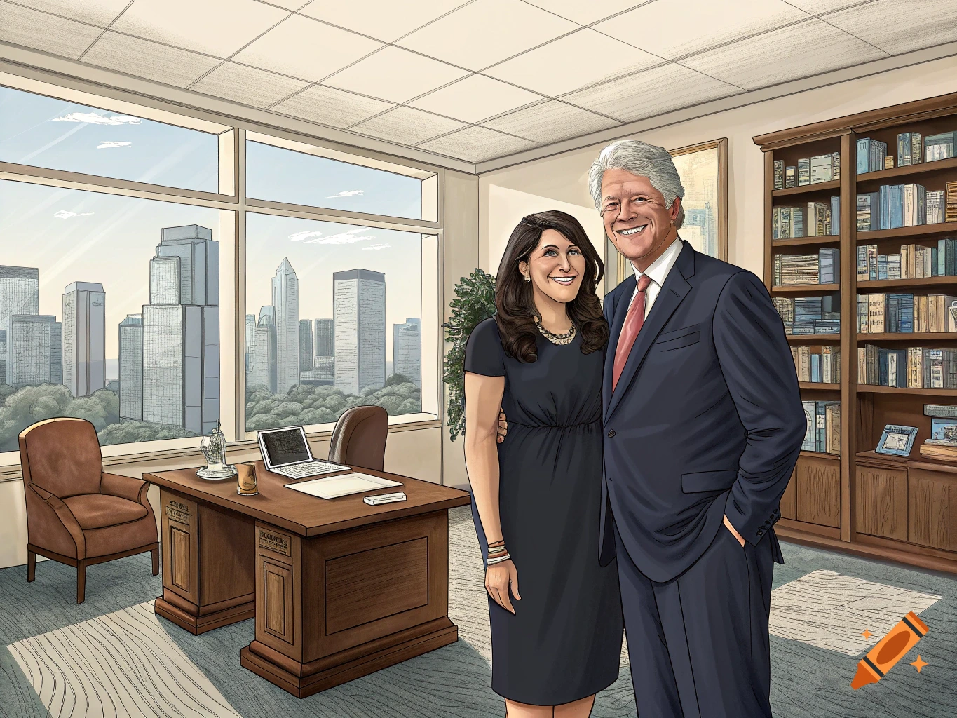 Bill Clinton and Monica Lewinsky posing in an office with a city view ...