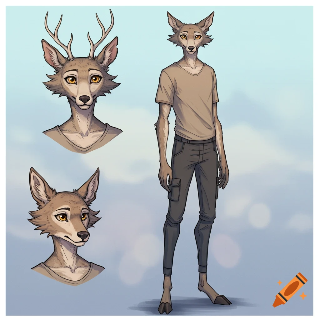 Anime style character reference sheet with deer and coyote head studies ...