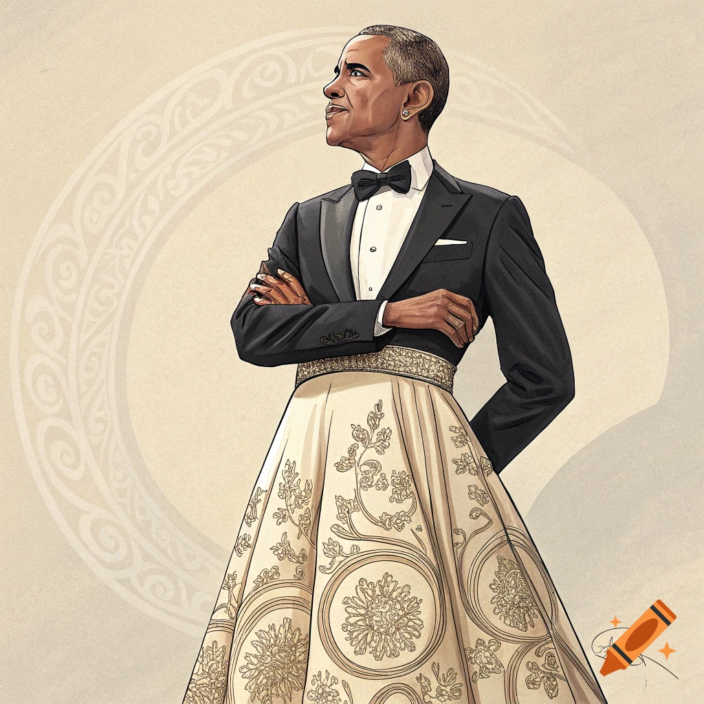 Illustration of Barack Obama in a tuxedo jacket and a long patterned ...