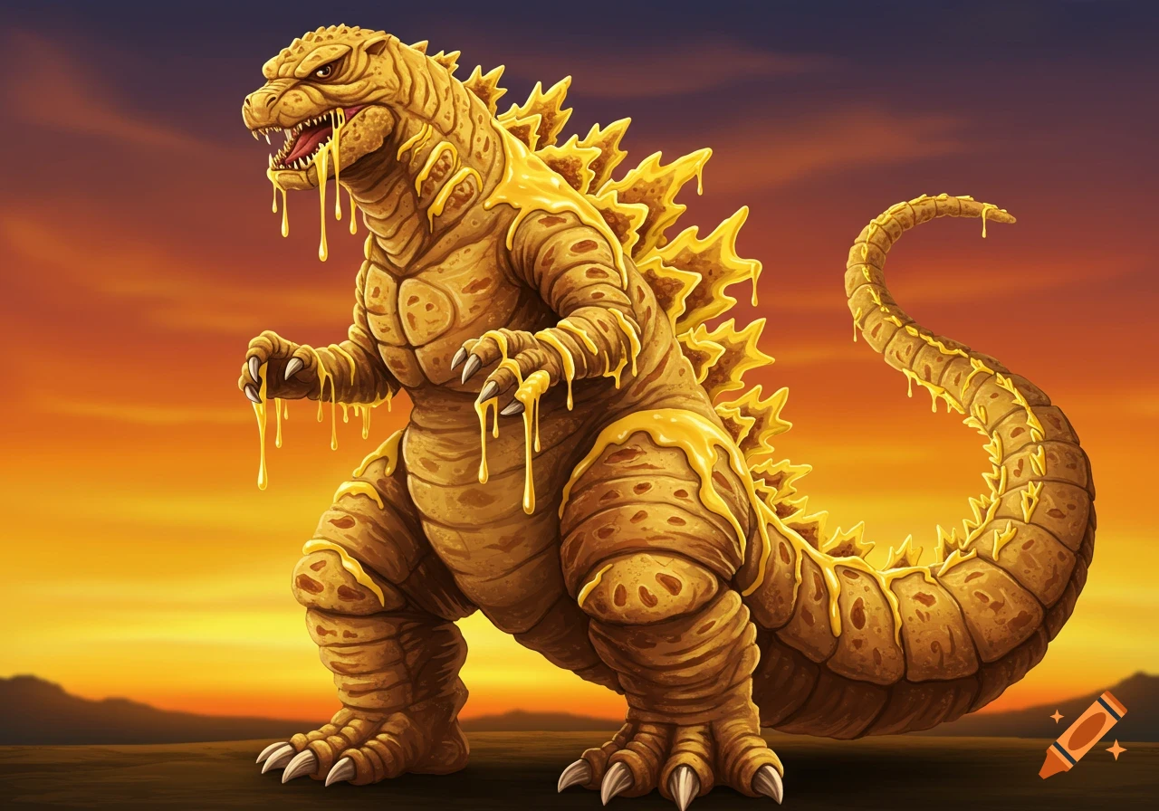 Illustrated Godzilla made of popusas and cheese dripping, standing in a ...