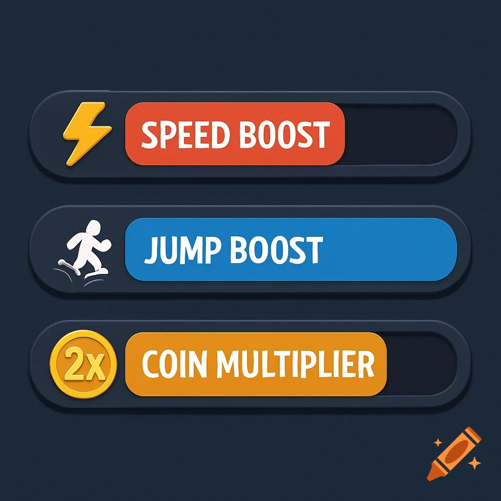 Three game stat bars with icons and text: Speed Boost, Jump Boost, Coin ...