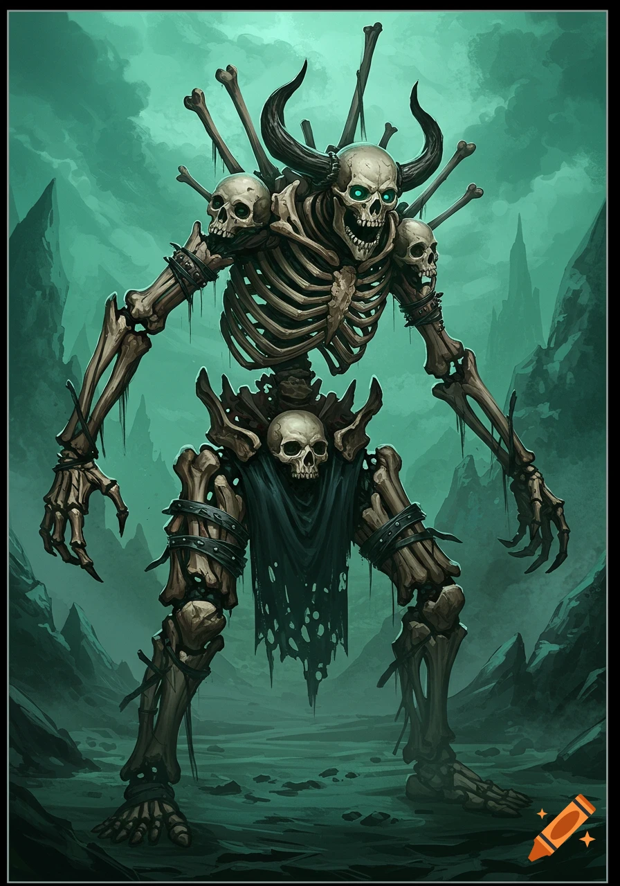 A skeletal creature with horns, glowing eyes, and multiple skulls ...