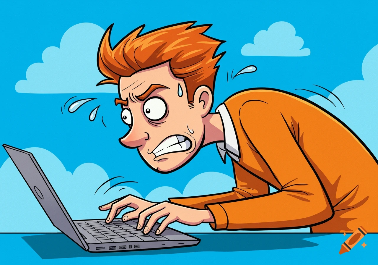 Cartoon person frantically typing on a laptop on Craiyon