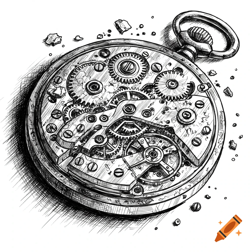 Monochrome line art sketch of the gears inside a broken pocket watch ...