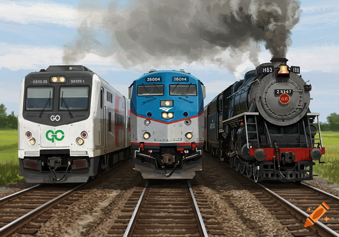 Illustration of three trains, a white GO train, a blue Amtrak train ...