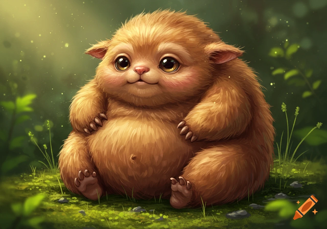 A cute, chubby, fluffy brown fantasy creature sits in a forest clearing ...
