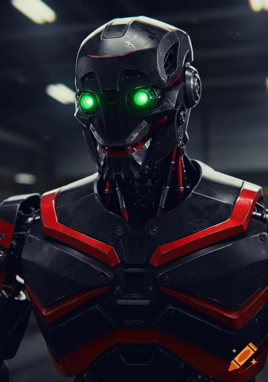 A detailed portrait of a black and red robot with glowing green eyes in ...