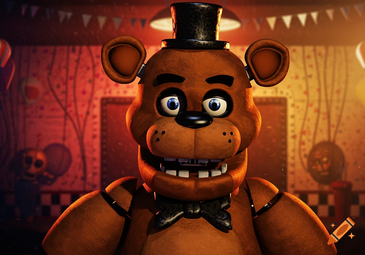 Close-up portrait of Freddy Fazbear grinning in a party room on Craiyon