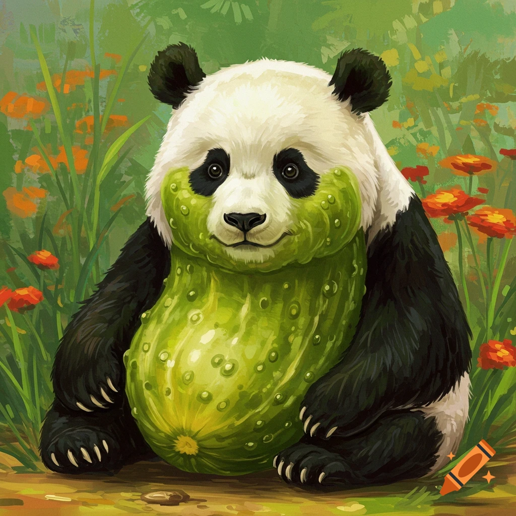 A cheerful panda with a large green pickle for a body sits in a field of grass and flowers. on ...