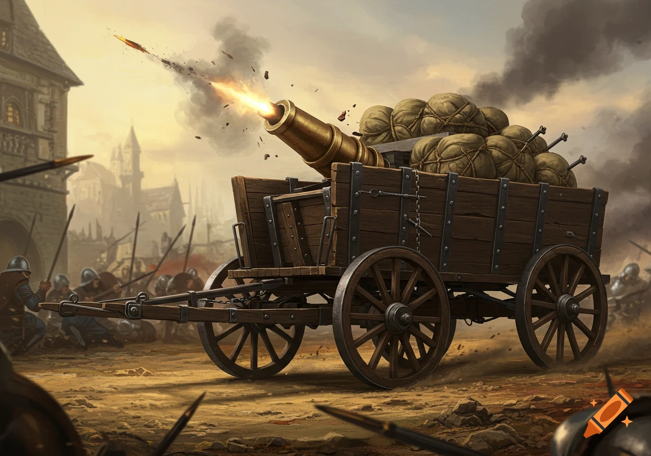 A medieval wagon with a cannon fires a shot in a battle scene with ...