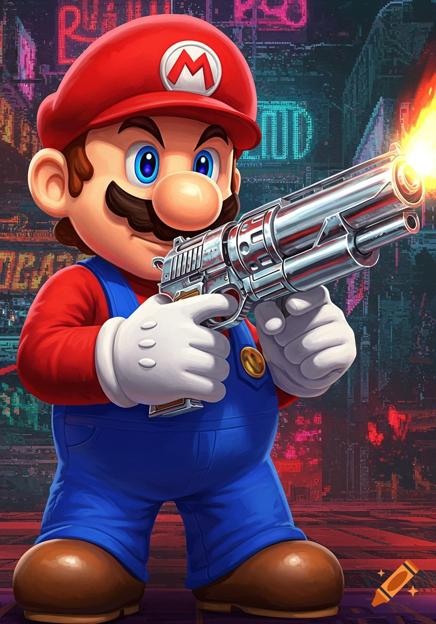 Super Mario holds and fires a large chrome gun in a neon cyberpunk city ...