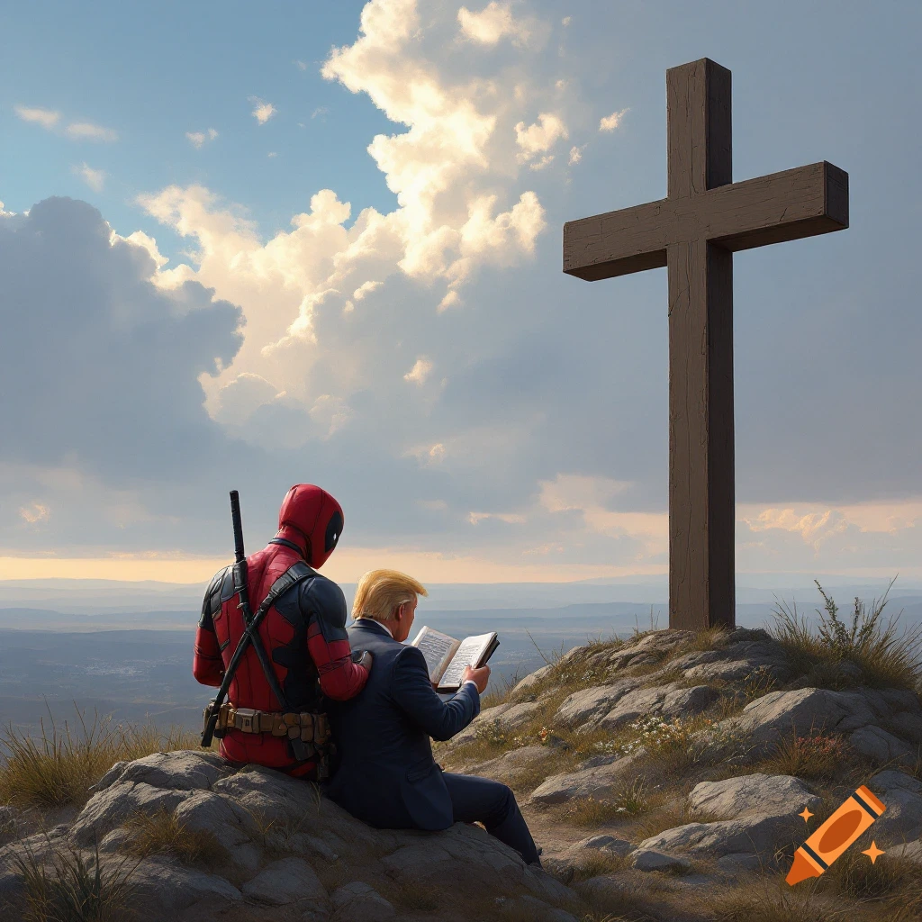 Deadpool and Donald Trump sit on a hill reading a book next to a large ...