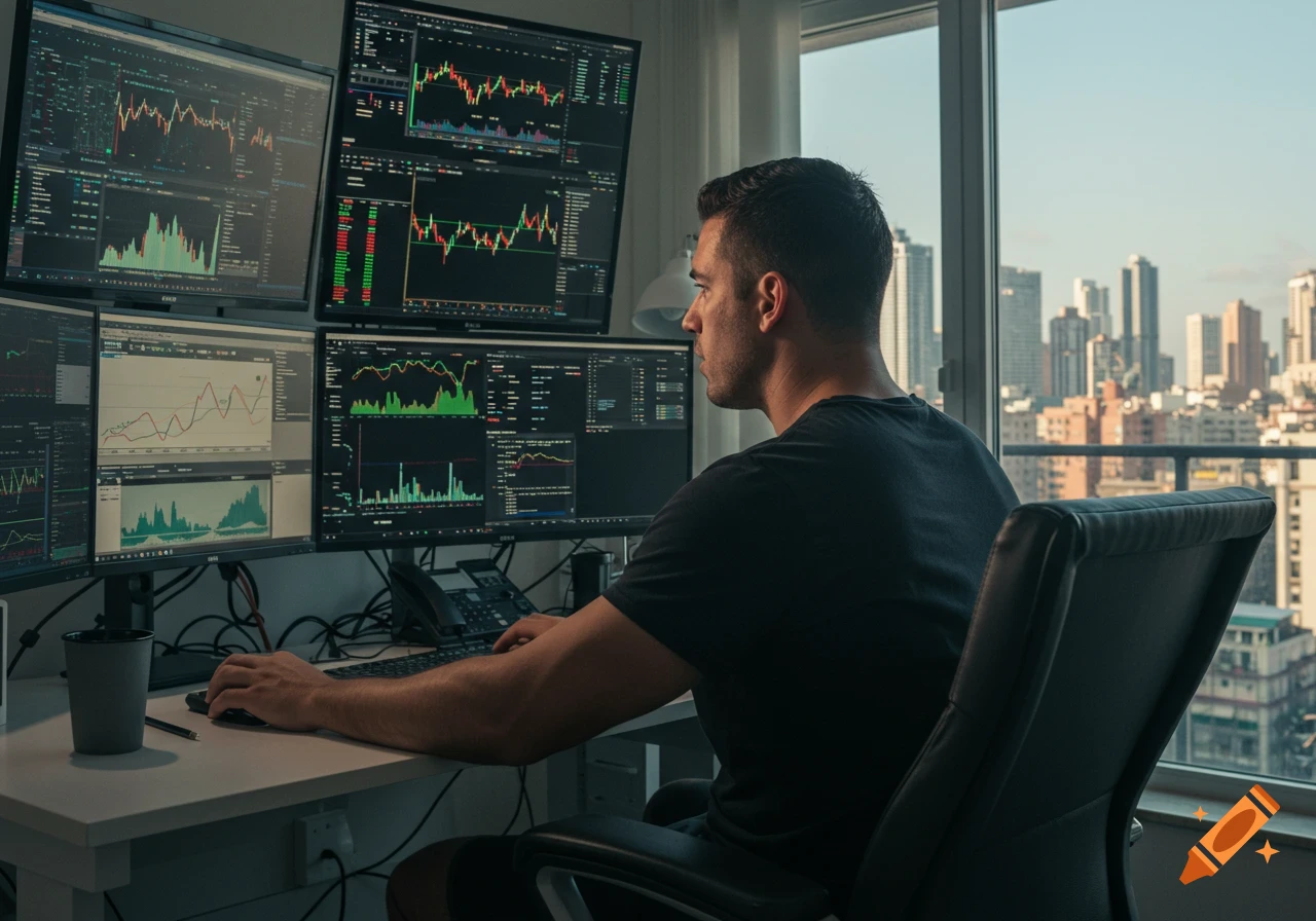 Man sits at a desk with multiple monitors displaying trading charts, overlooking a city skyline ...
