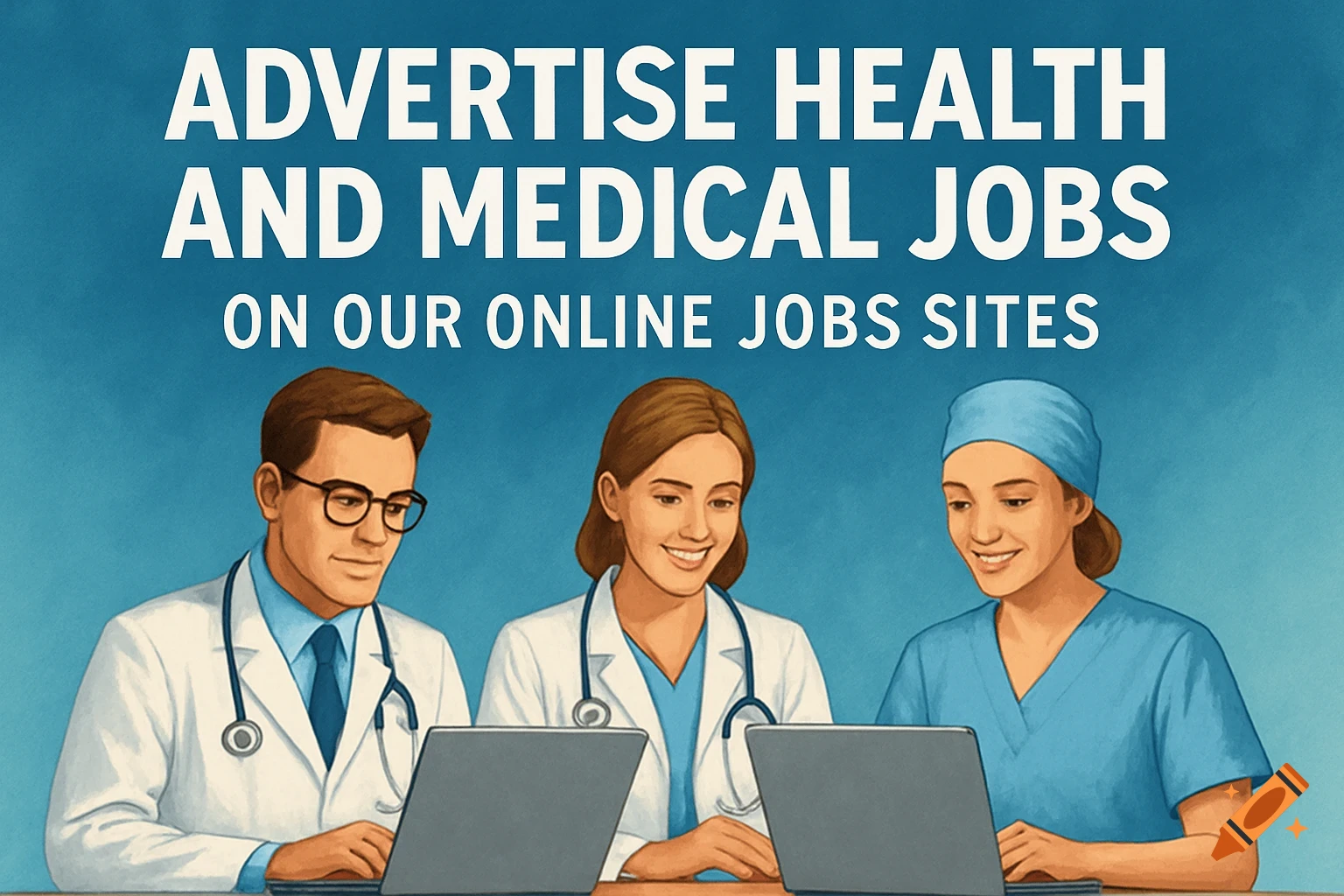 Illustration of three medical professionals working on laptops below ...