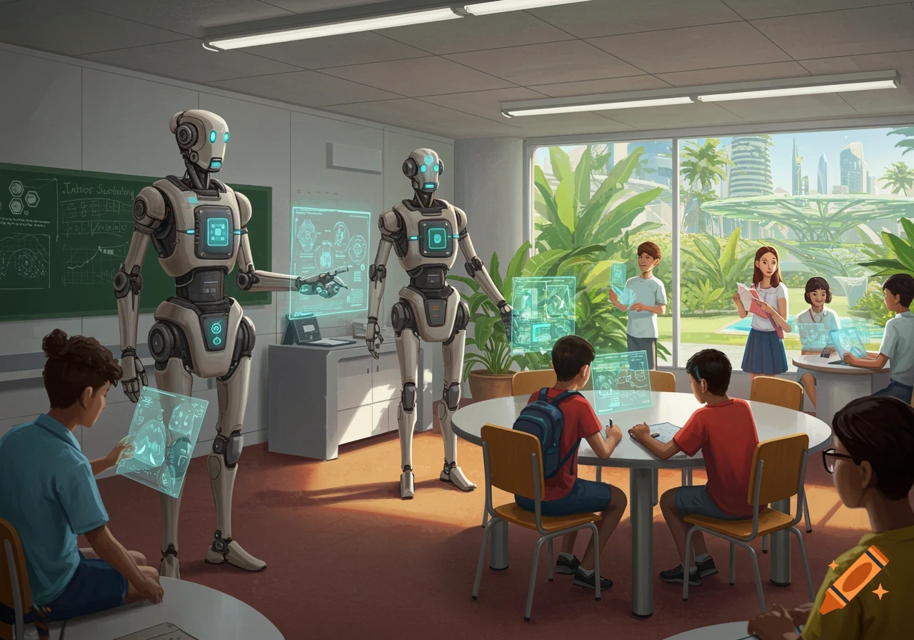 Future school classroom with robots teaching children using holographic ...