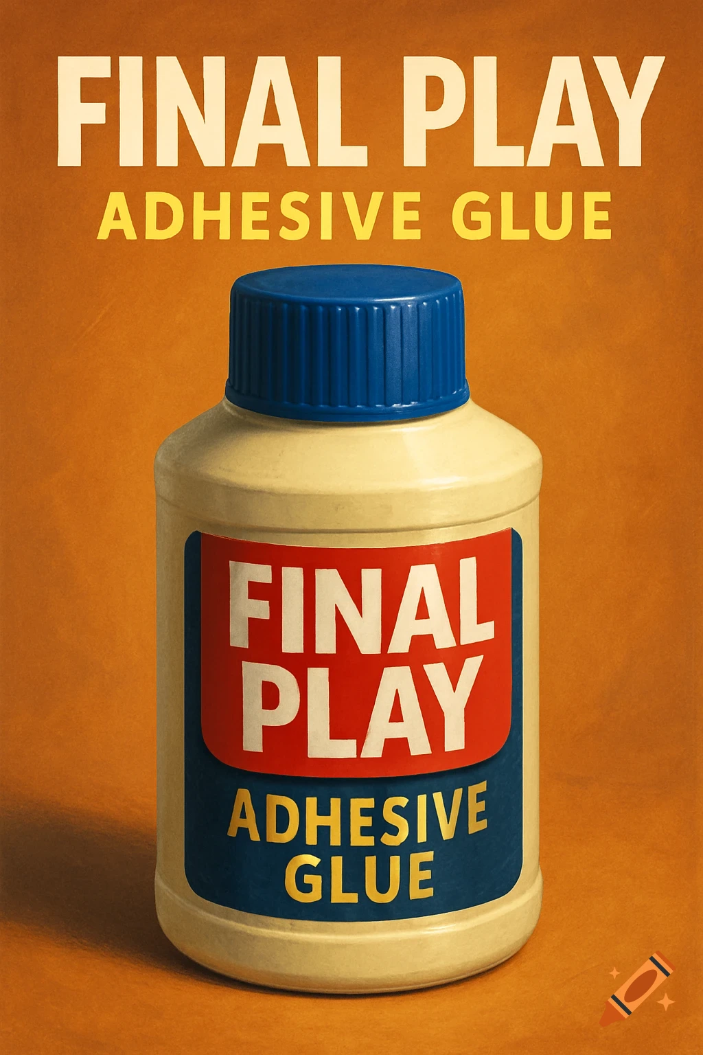 A bottle of Final Play Adhesive Glue with text on an orange background ...