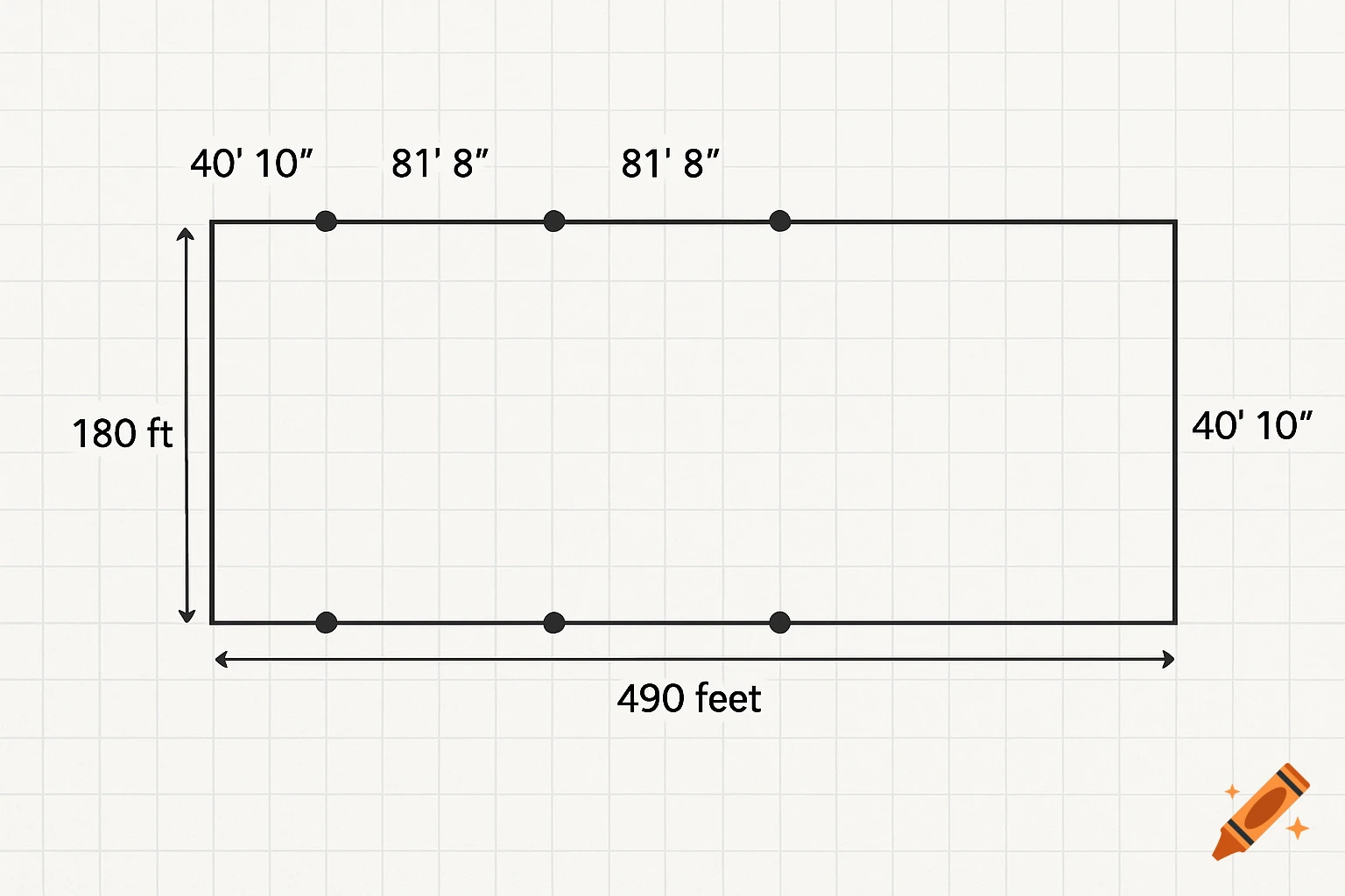 A diagram of a rectangle measuring 180 ft by 490 feet, with internal ...