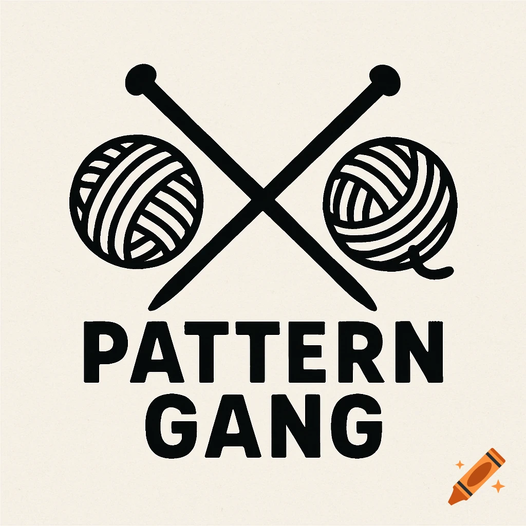 Black and white logo for Pattern Gang with crossed knitting needles and ...