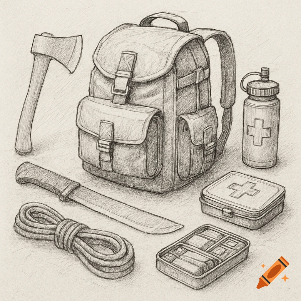 A technical pencil sketch of survival gear including a backpack, axe ...