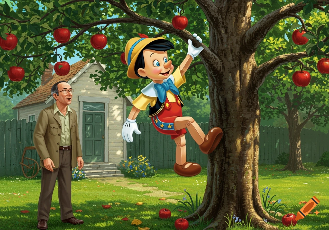 Pinocchio puppet climbs an apple tree in a backyard as an older man ...