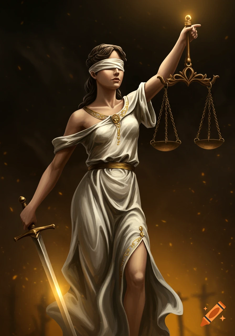 Lady Justice, blindfolded, holds scales in one hand and a sword in the ...