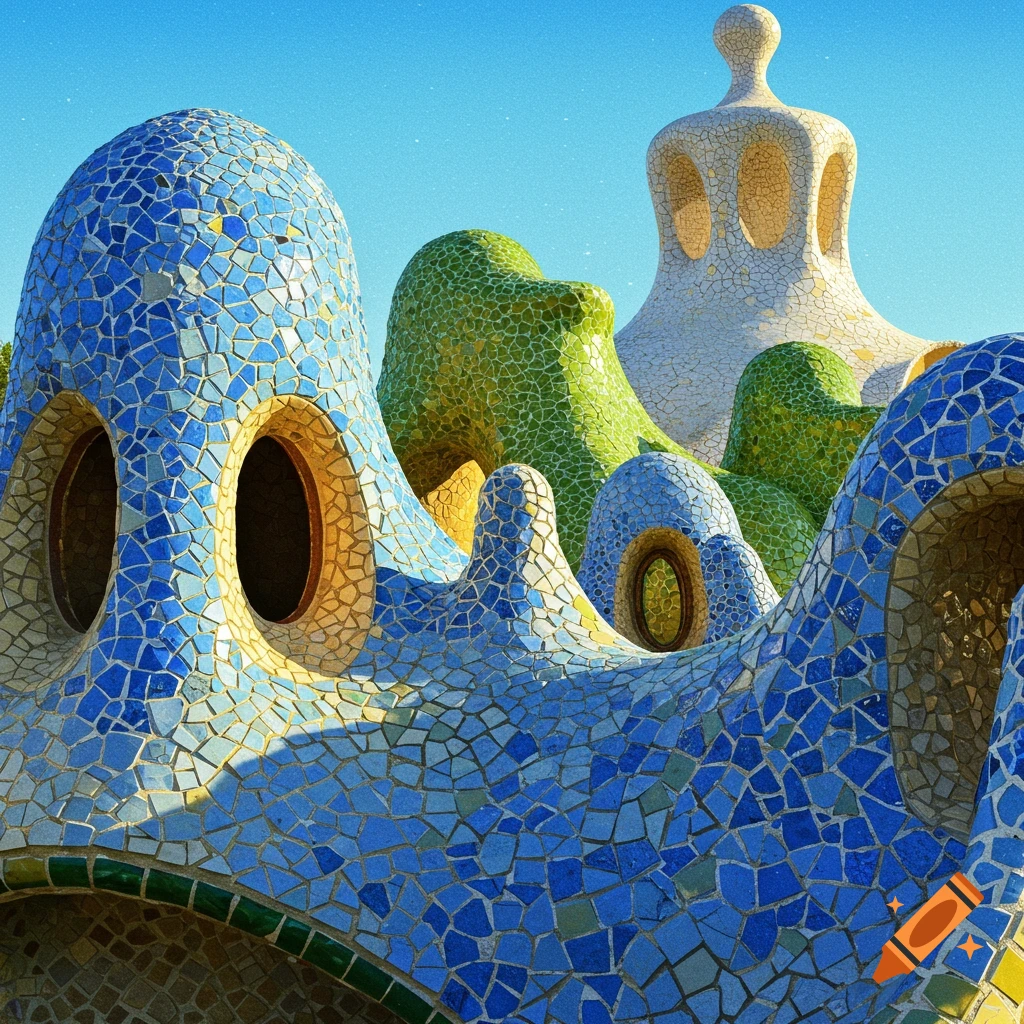 Close-up of colorful mosaic tiles on curved architectural shapes ...