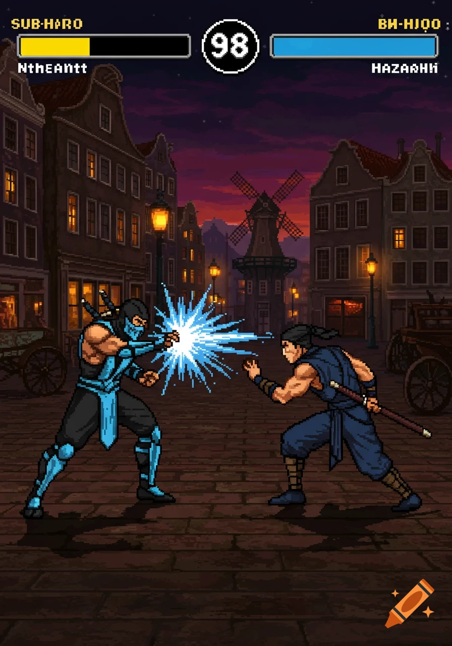 Pixel art fighting game scene with two ninja characters, one shooting ...