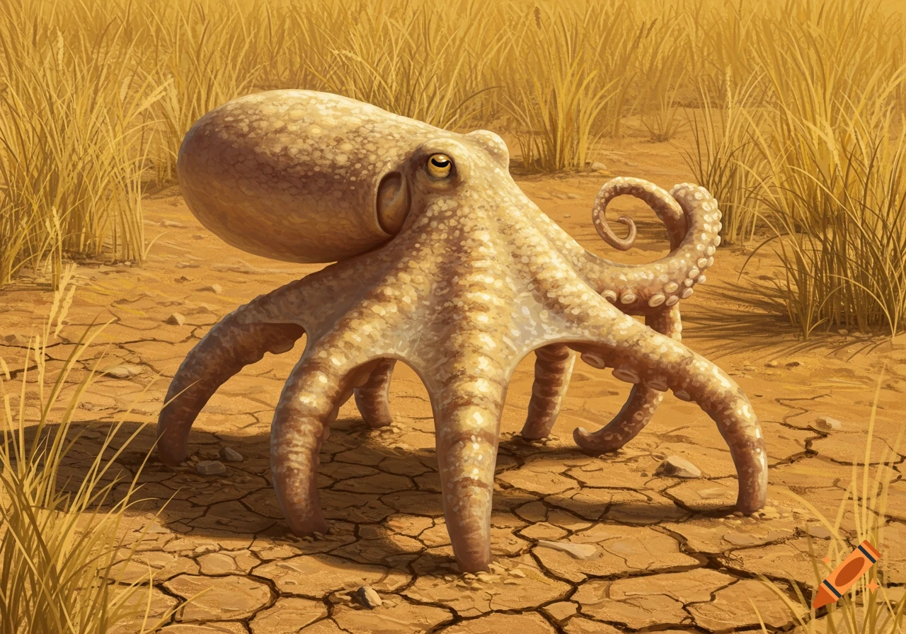A creature resembling an octopus stands in a dry, cracked field with ...