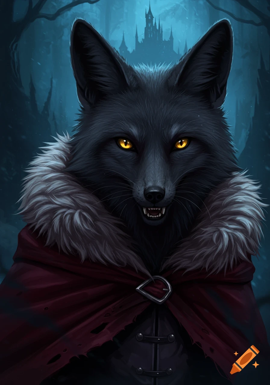A dark creature resembling a fox with yellow eyes and a red cape stands ...
