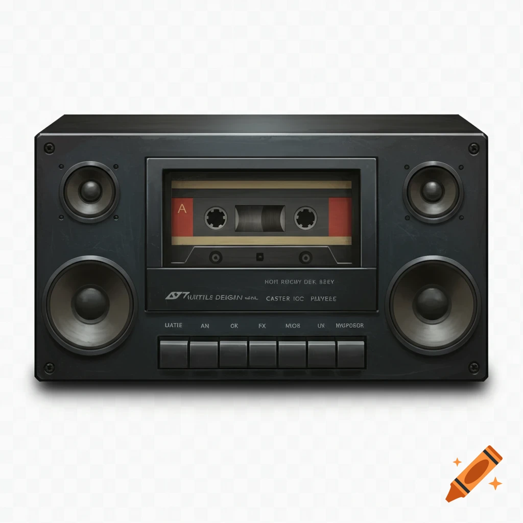 A front view, hyperrealistic image of a retro cassette player with ...