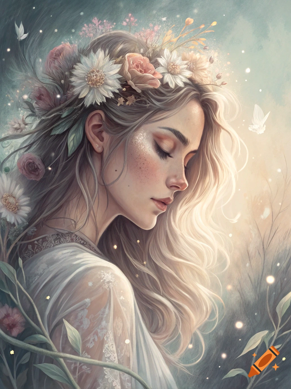 Dreamy portrait of woman with flower crown in ethereal style. on Craiyon