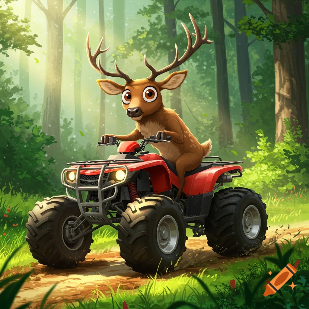 A cartoon deer with large antlers rides a red ATV on a dirt path ...
