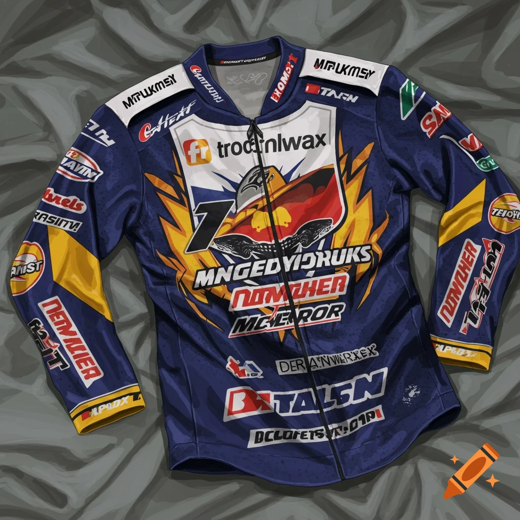 A blue and yellow speedway racing jacket with logos lays on a textured ...