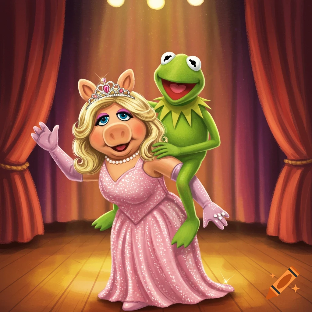 Kermit the Frog rides on Miss Piggy's back on a stage. on Craiyon